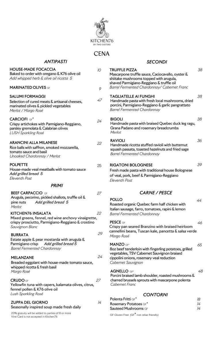 Two Sisters Vineyards - Dining - Kitchen76 - Google menu